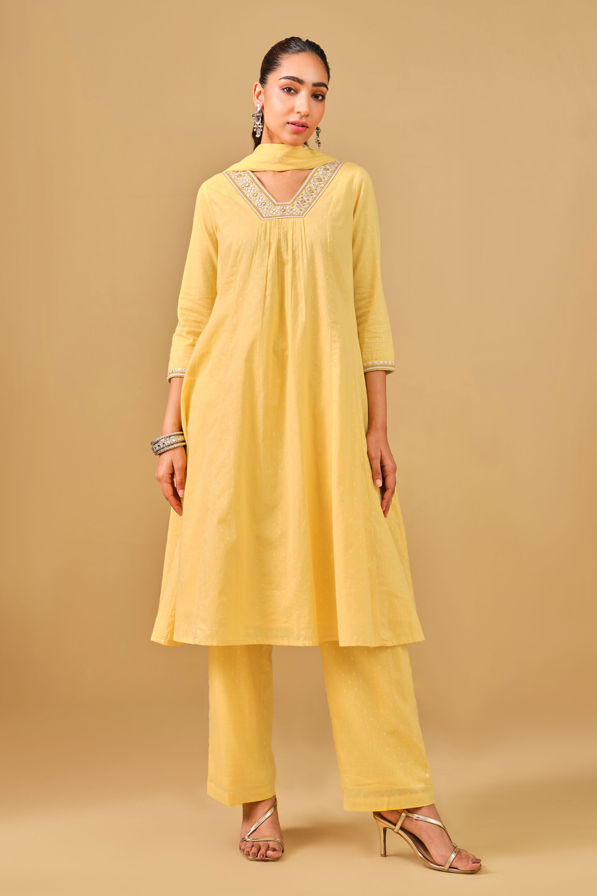 Buy Yellow Mirror Embroidered Cotton Kurta Set Online for Women from ...