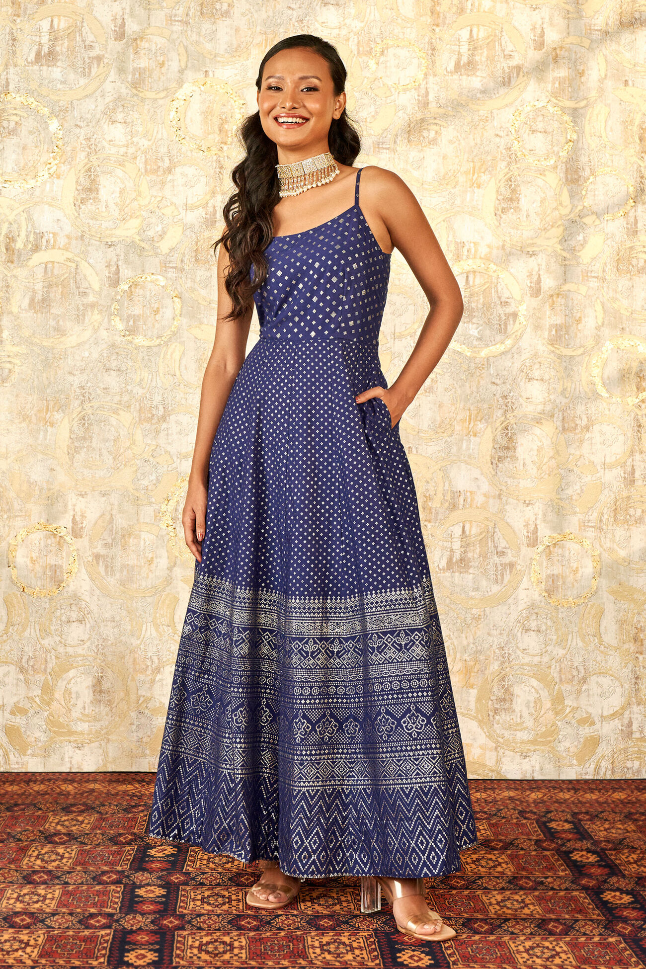 Buy our Dark Blue Foil Print Flared Maxi online from globaldesi.in SC ...
