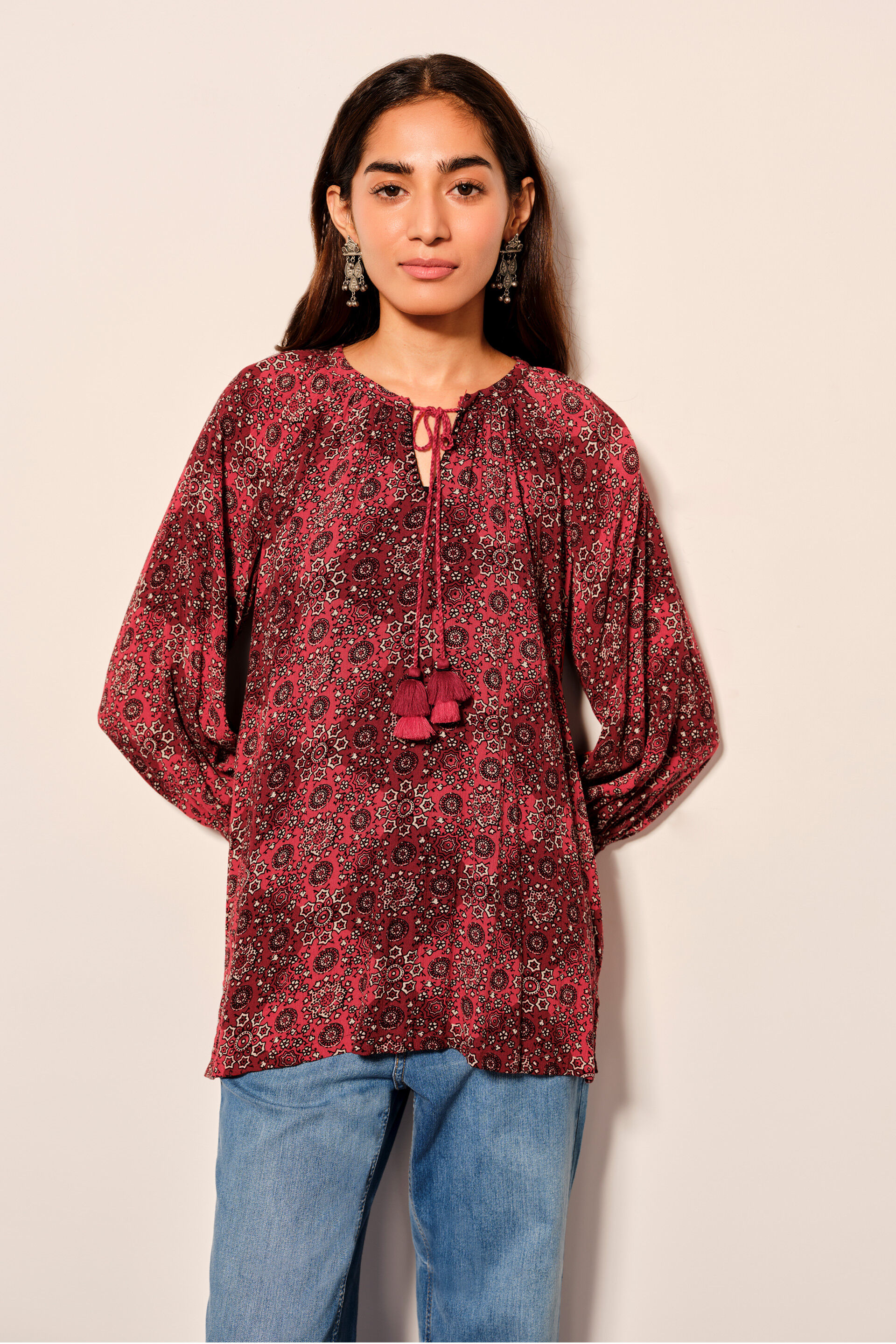 Buy Rusted Red Ethnic Floral Print Viscose Top Online for Women from ...