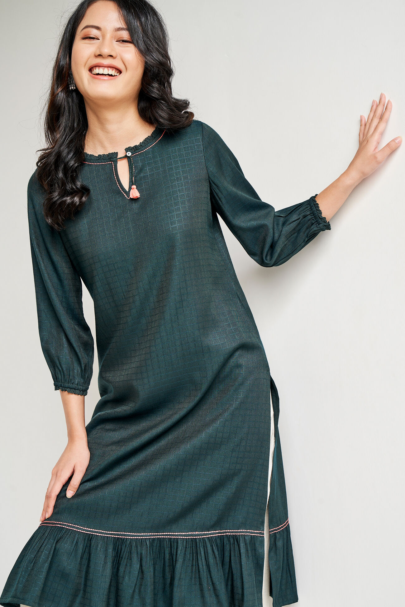 Buy Olive Dobby Flared Kurta Online at Best Price at Global Desi- FW22GH380KUPVD