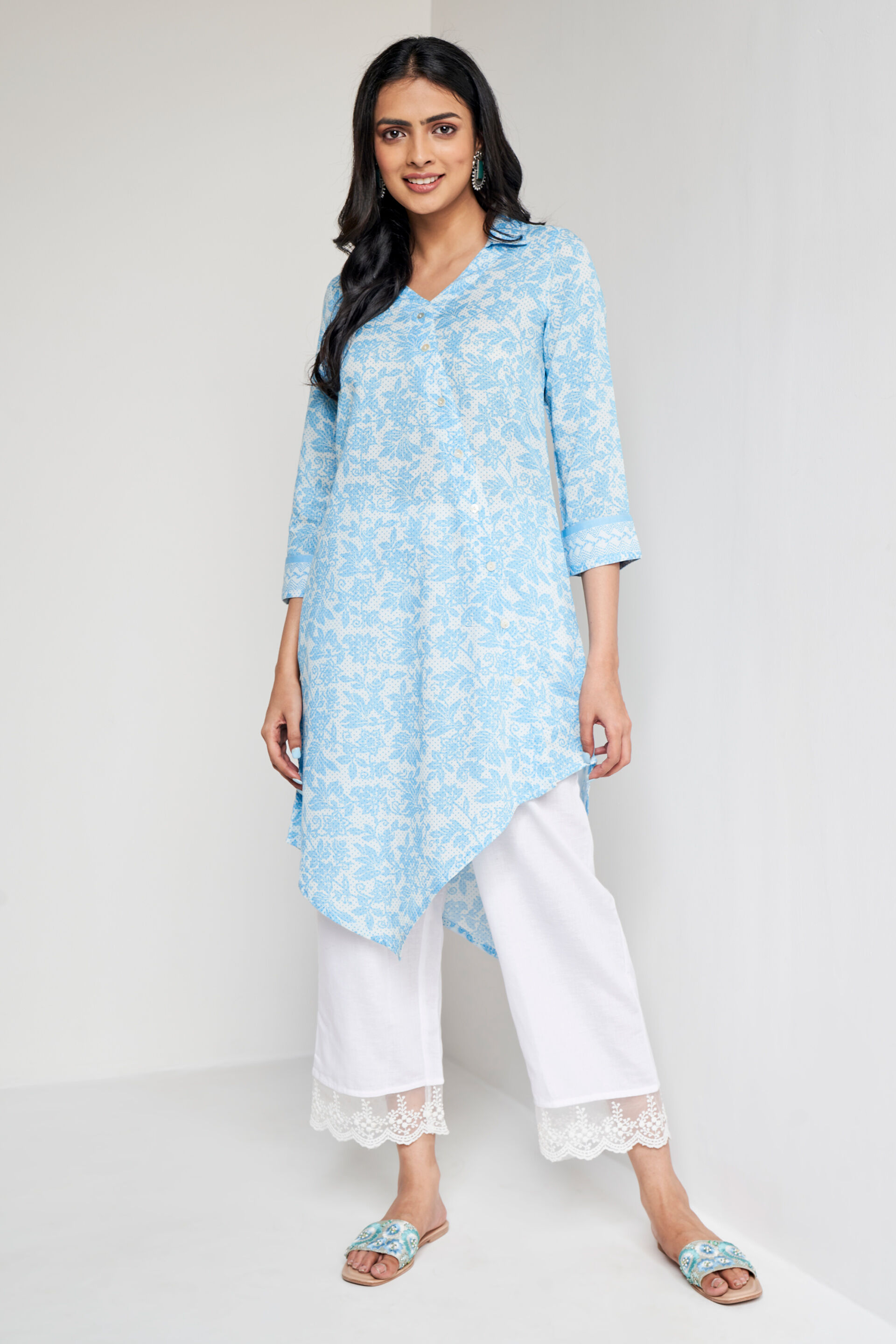 Buy Powder Blue Floral Asymmetric Tunic Online for Women from ...