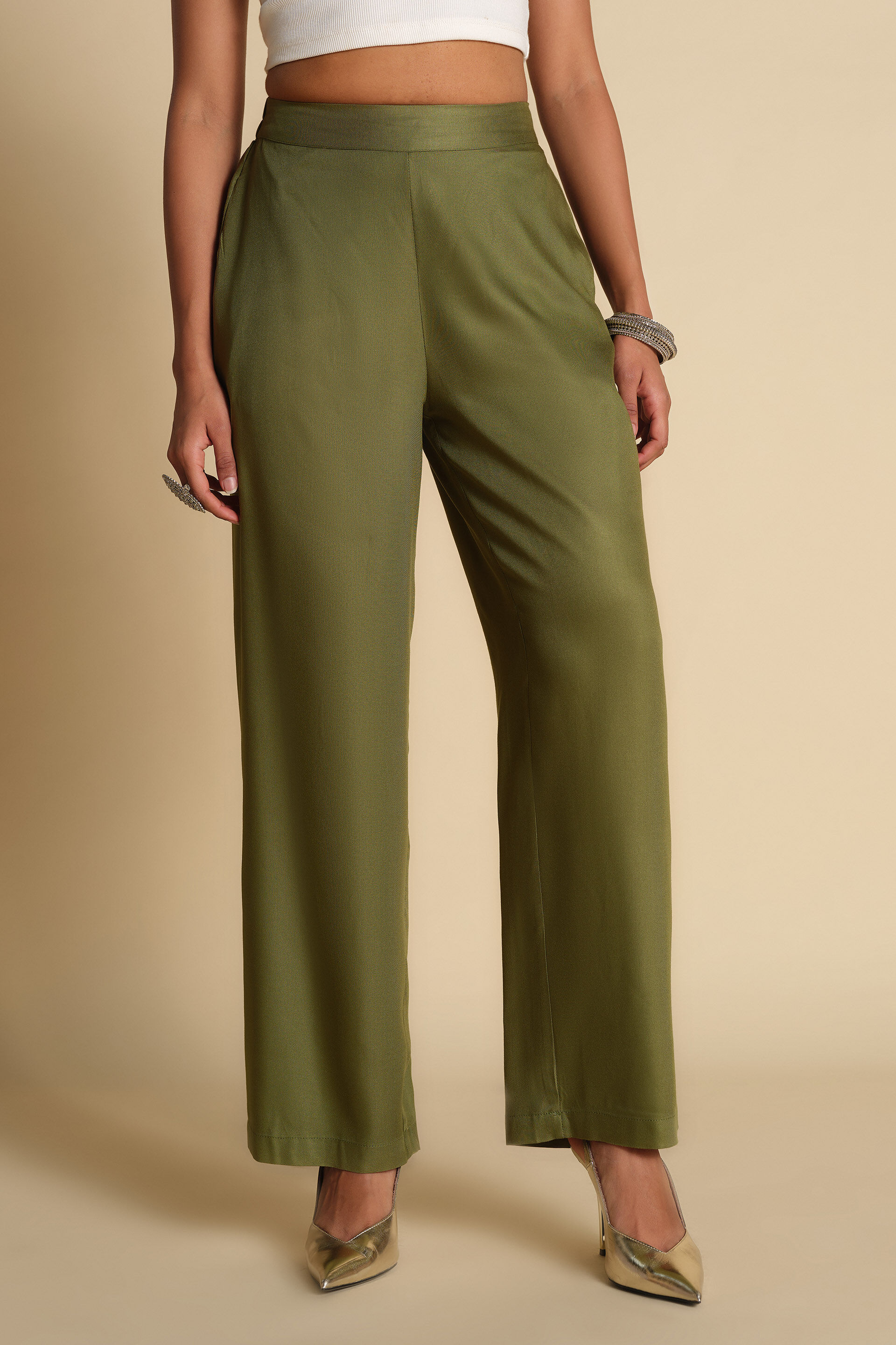 Buy Straight Fit Sage Green Pants Online In India at Global Desi ...