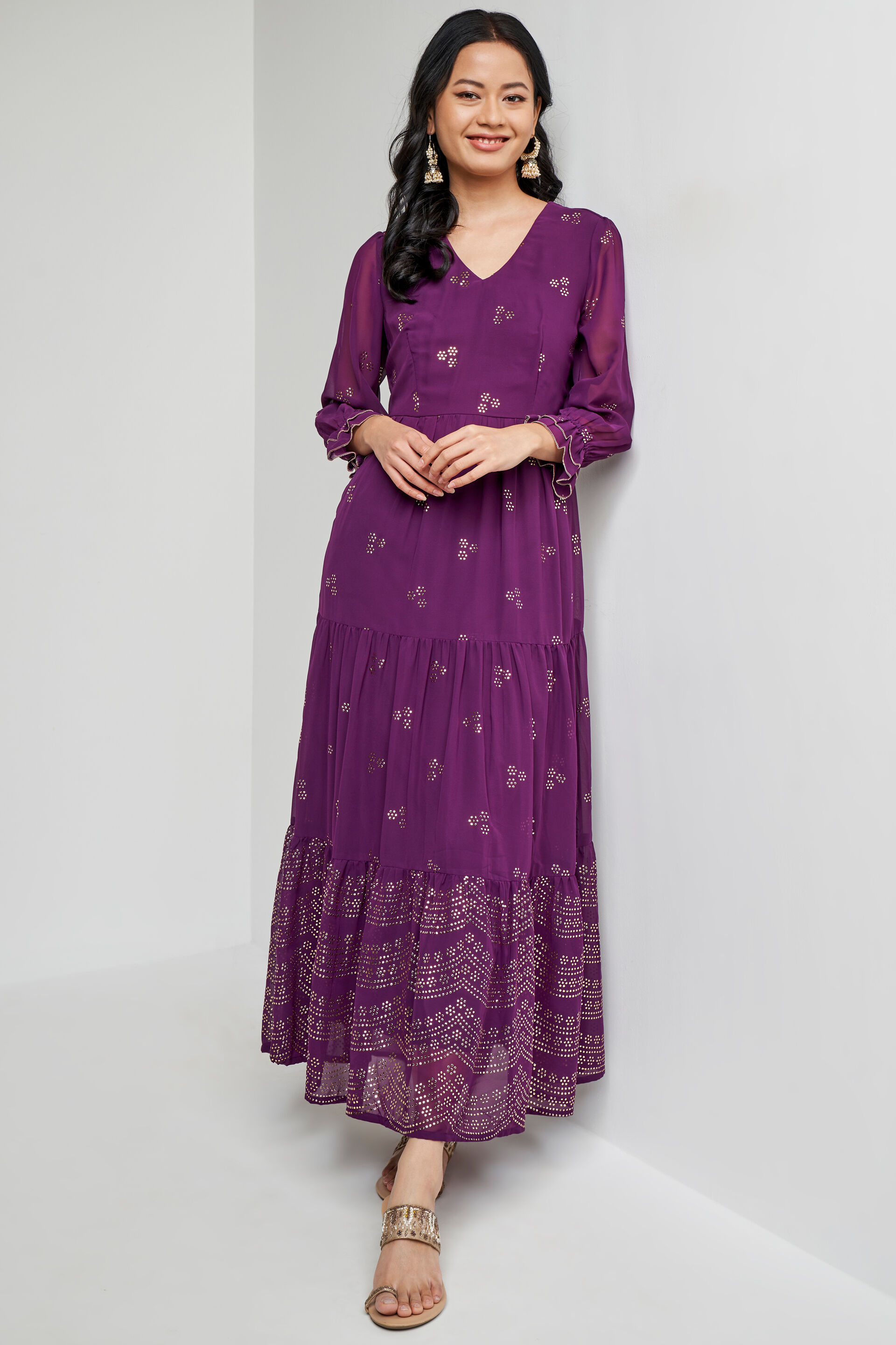 Buy Purple Ethnic Motifs Flared Gown Online at Best Price at Global ...
