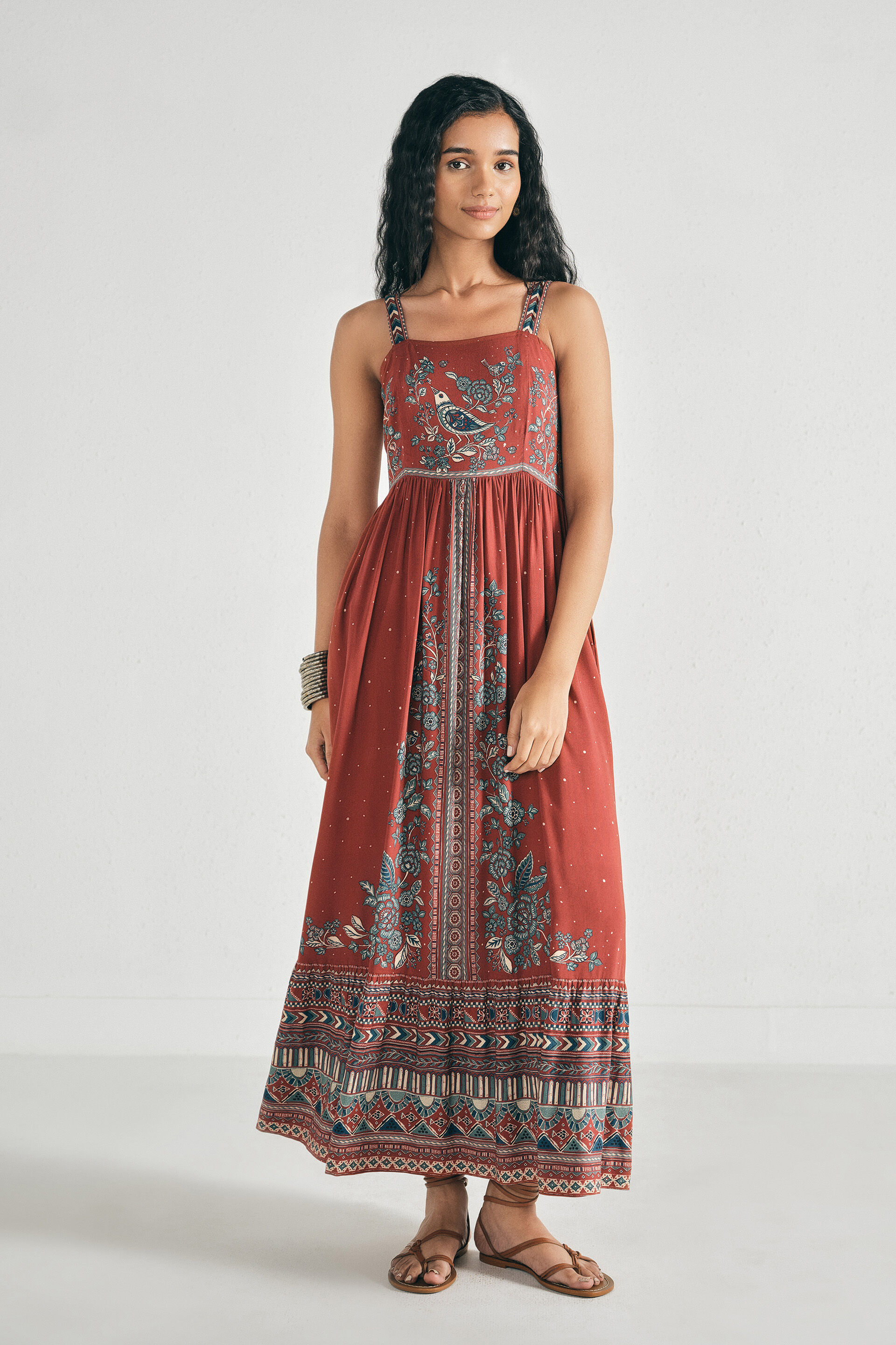 Buy Printed Rust Tiered Maxi Dress Online In India at Global Desi ...