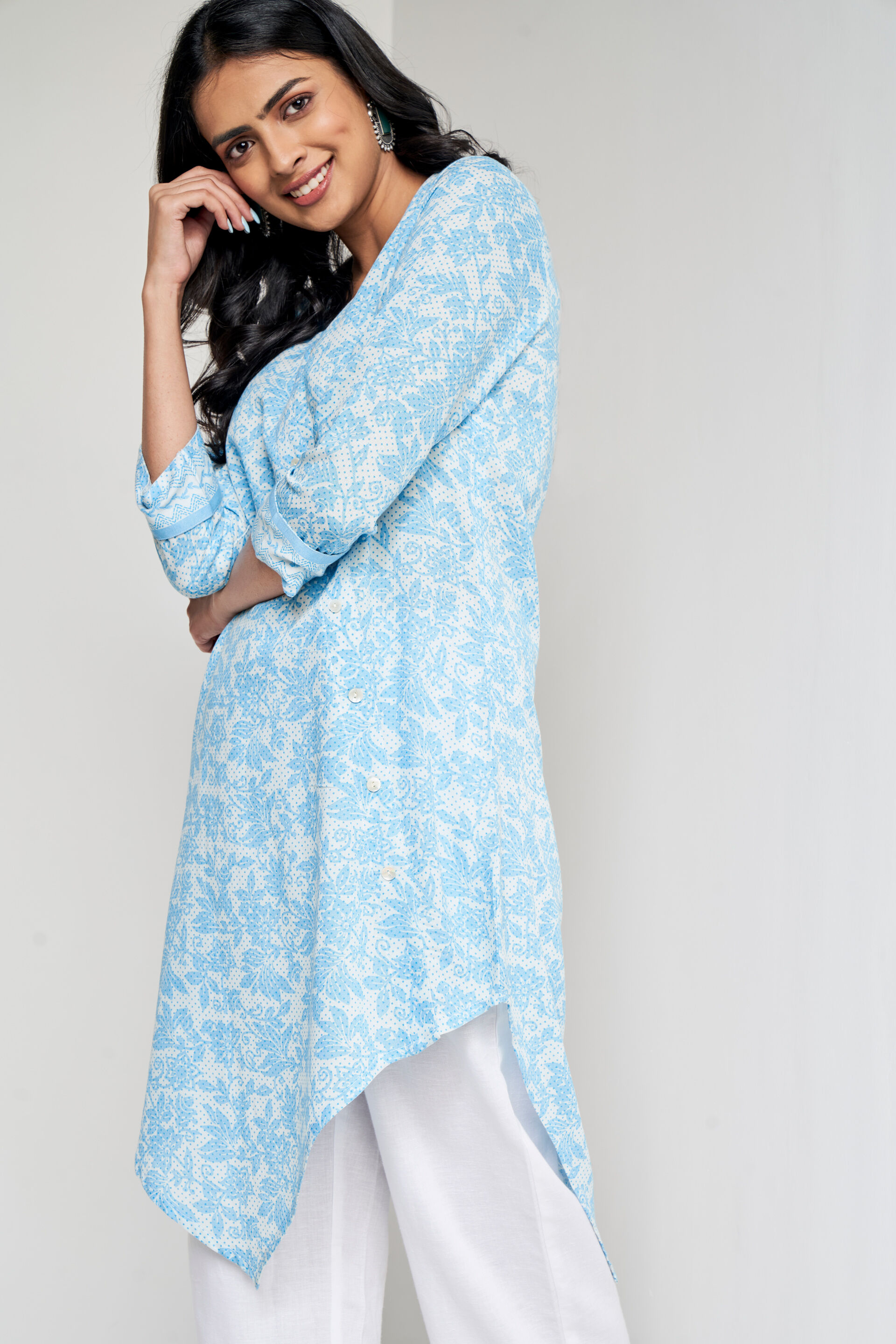 Buy Powder Blue Floral Asymmetric Tunic Online for Women from ...