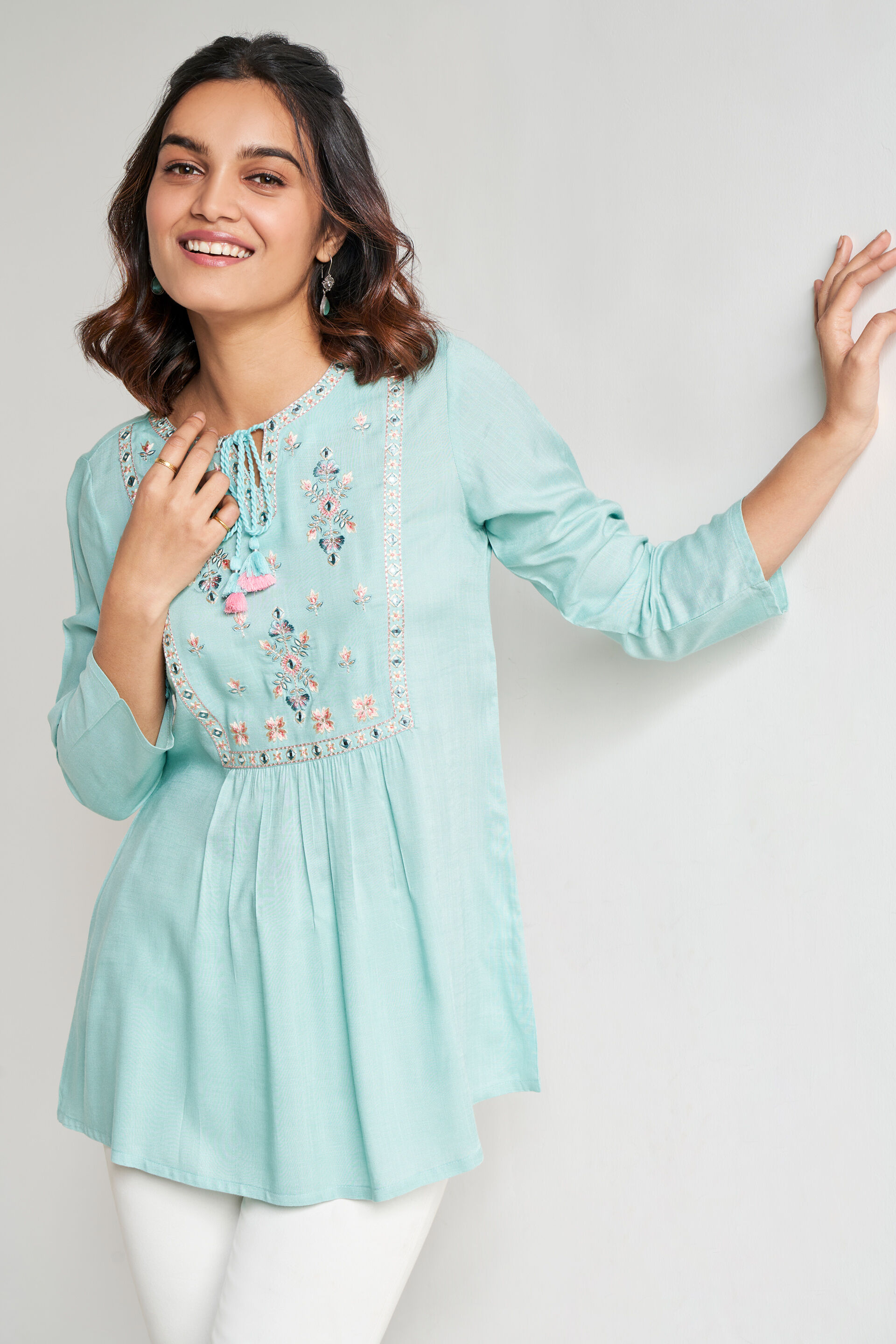 Buy Powder Blue Solid Embroidered Straight Top Online at Best Price at ...