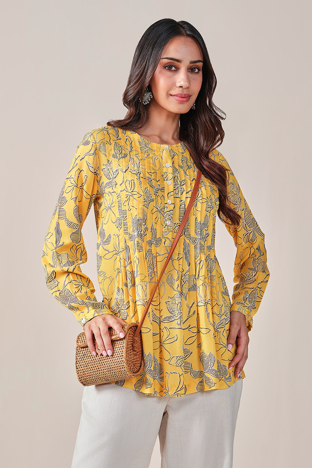 Mustard Floral Print Viscose Top