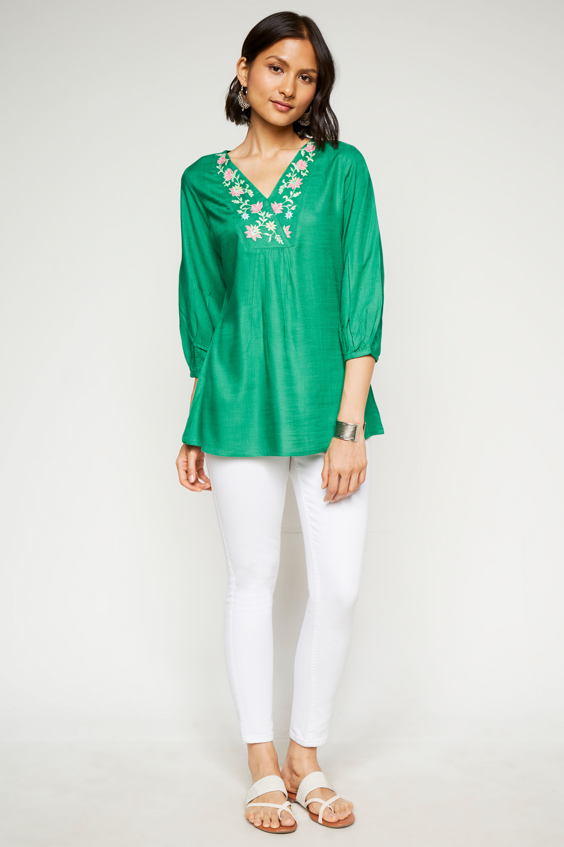 Buy Green Solid Embroidered Straight Top Online In India at Global Desi ...
