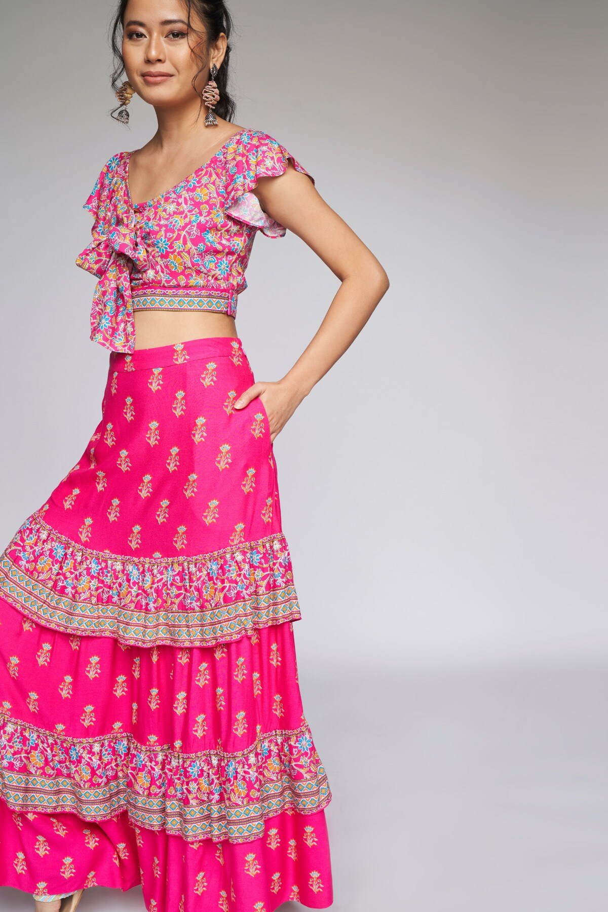 Buy Hot Pink Floral Fit & Flare Skirt Set Online for Women from ...