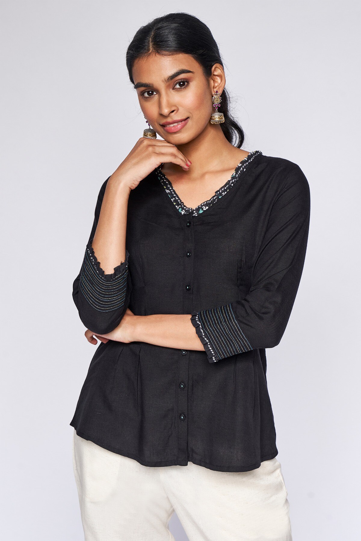 Buy Black Solid Fit and Flare Top Online for Women from AND India ...