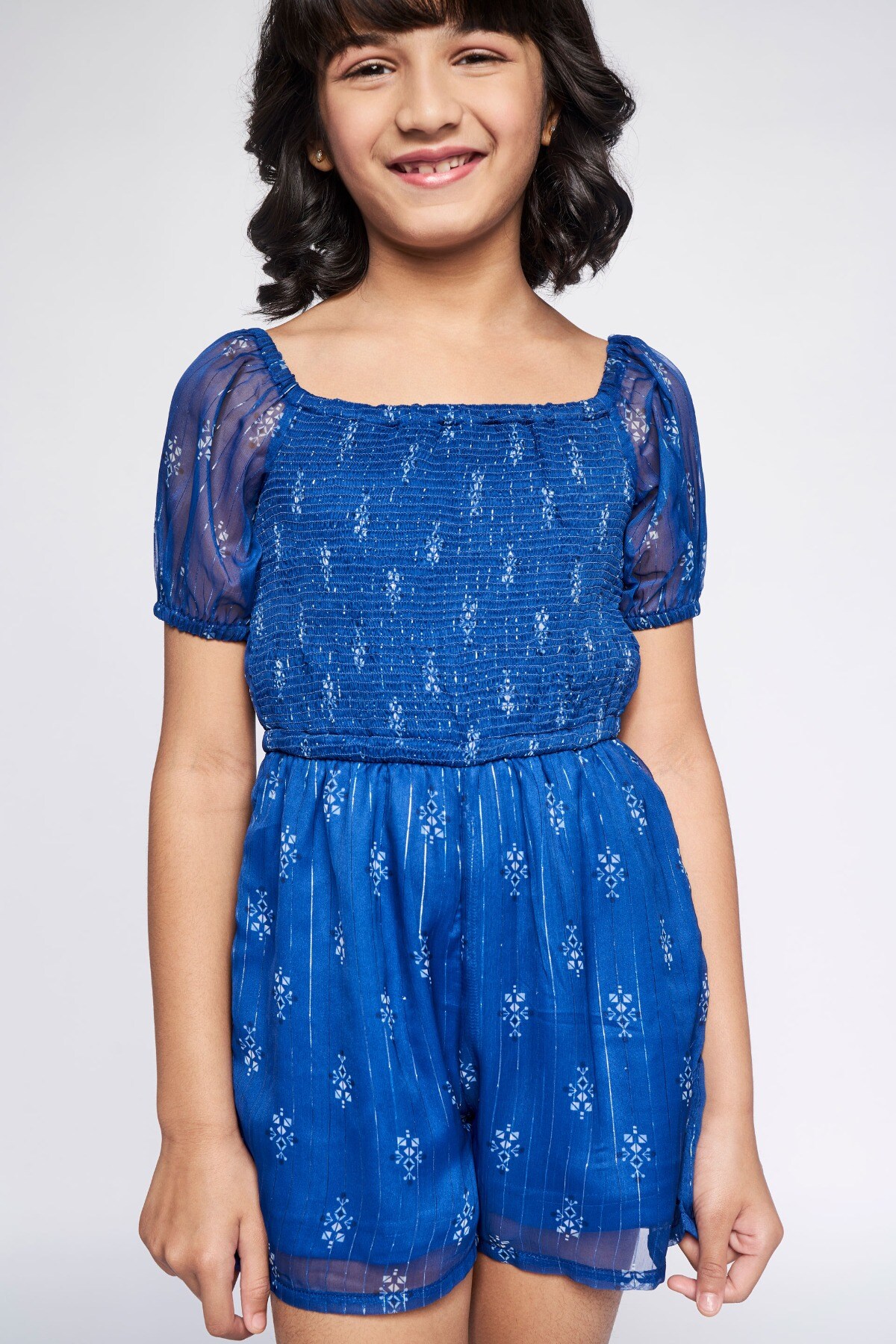 Buy Dark Blue Smocking Geometric Jump Suit Online In India at Global ...