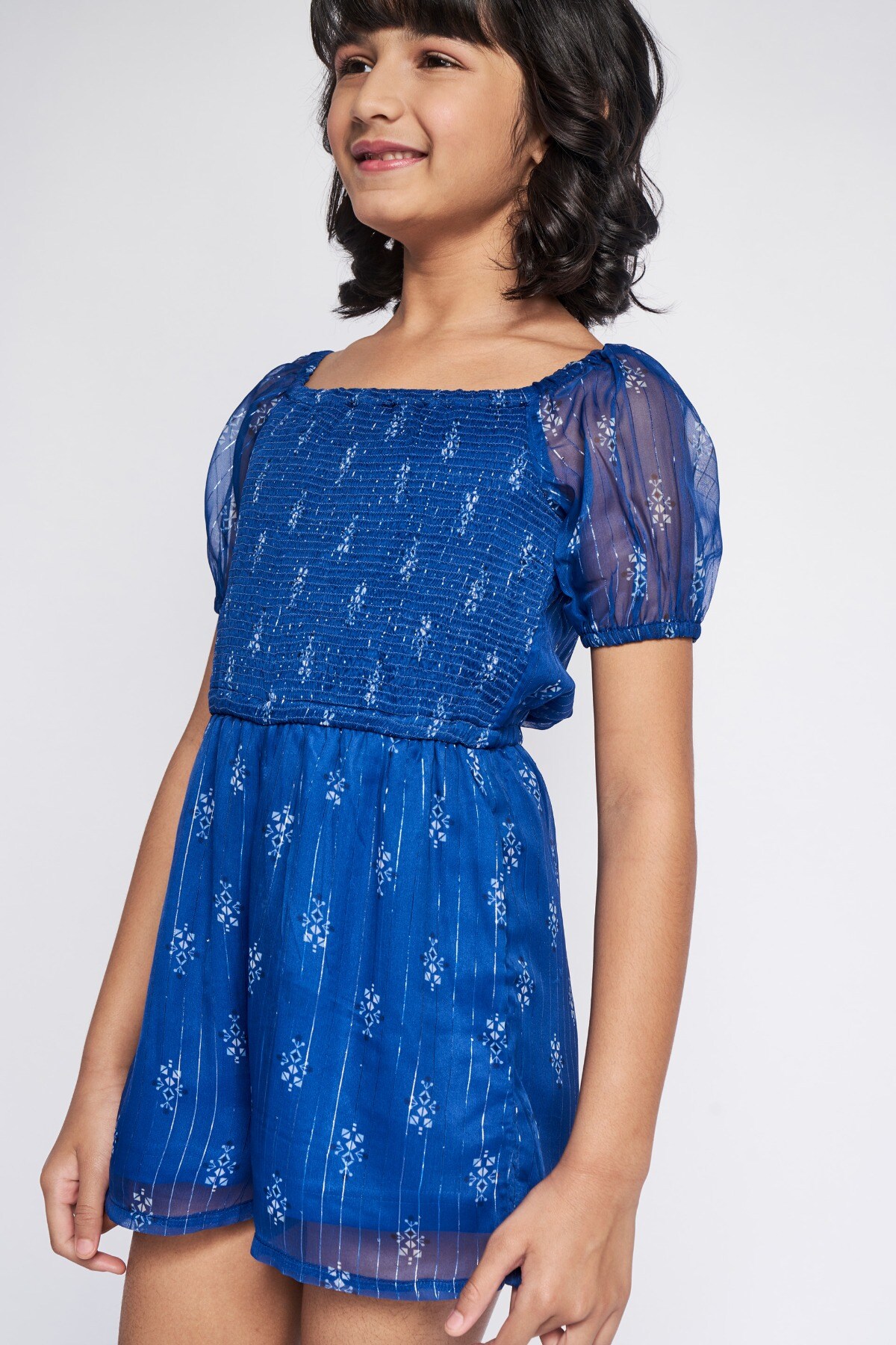 Buy Dark Blue Smocking Geometric Jump Suit Online In India at Global ...